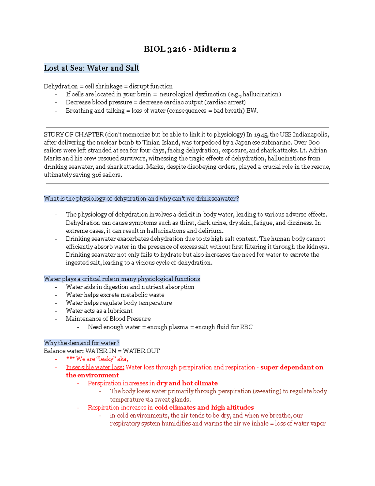 Midterm 2 - BIOL 3216 - BIOL 3216 - Midterm 2 Lost at Sea: Water and ...