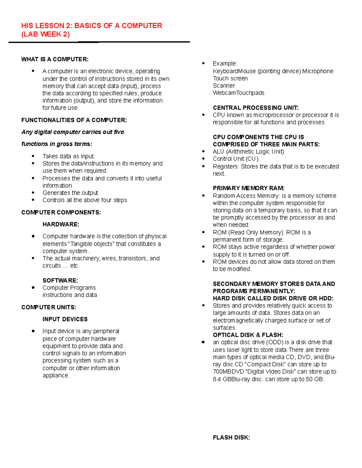 HIS Laboratory WEEK 2 - HIS LESSON 2: BASICS OF A COMPUTER (LAB WEEK 2 ...
