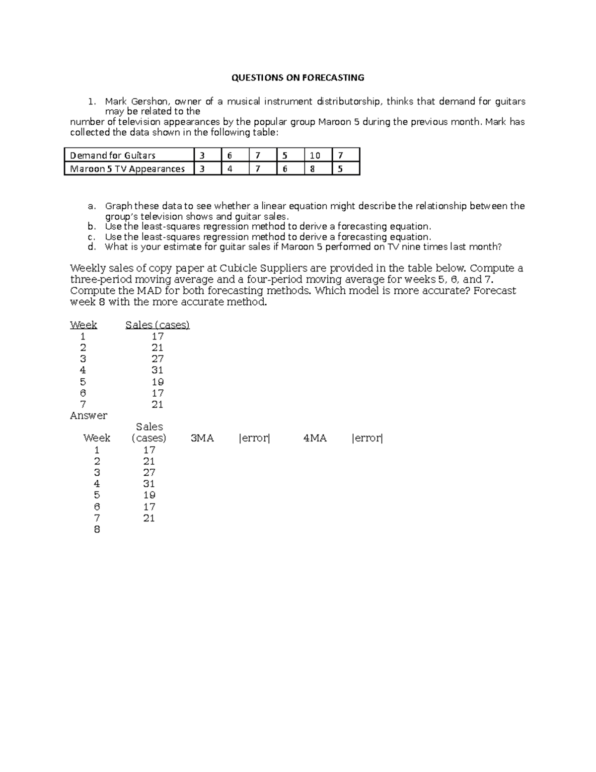 Questions on Forecasting for Unit 3 - QUESTIONS ON FORECASTING Mark ...