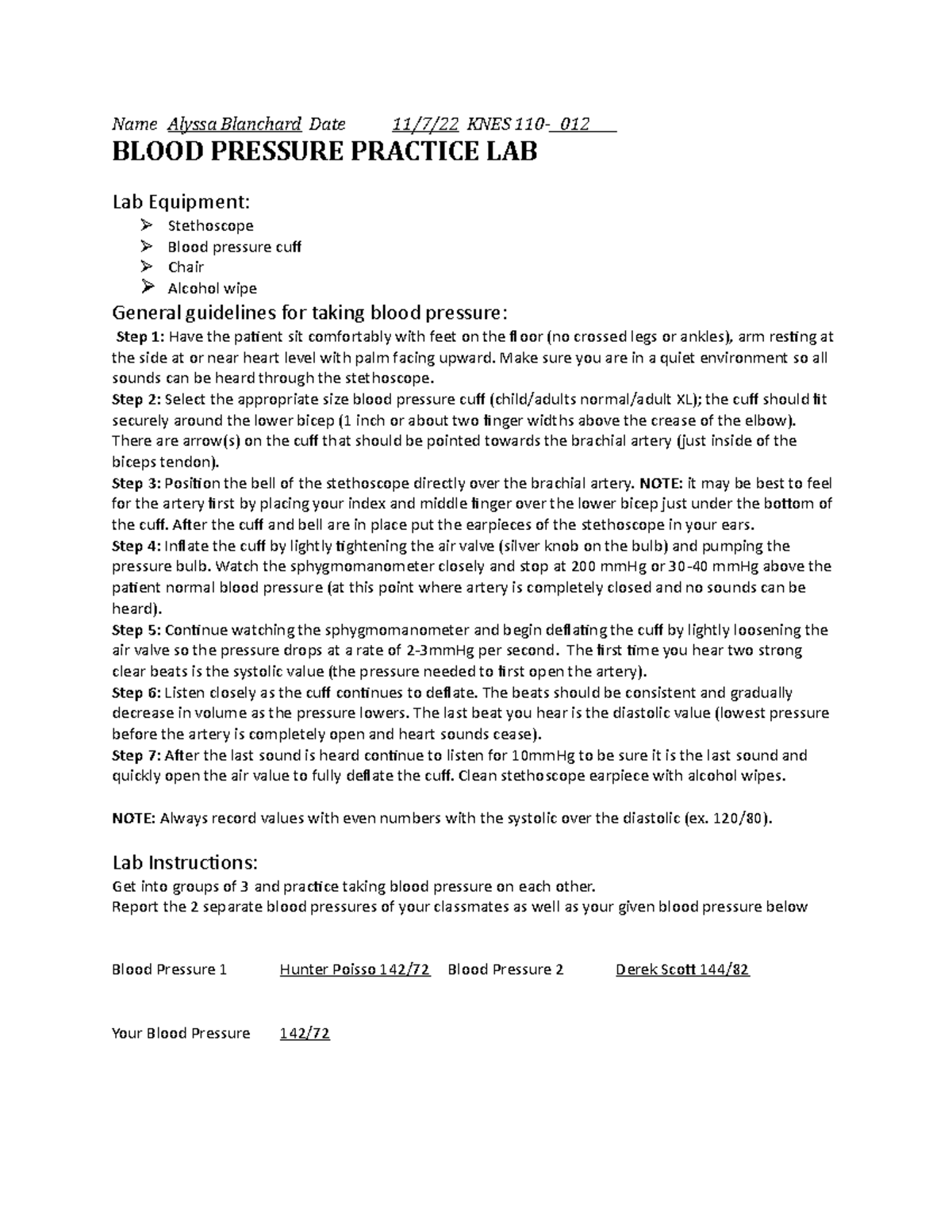 Blood Pressure Lab - 3 person lab - Name Alyssa Blanchard Date 11/7/22 ...