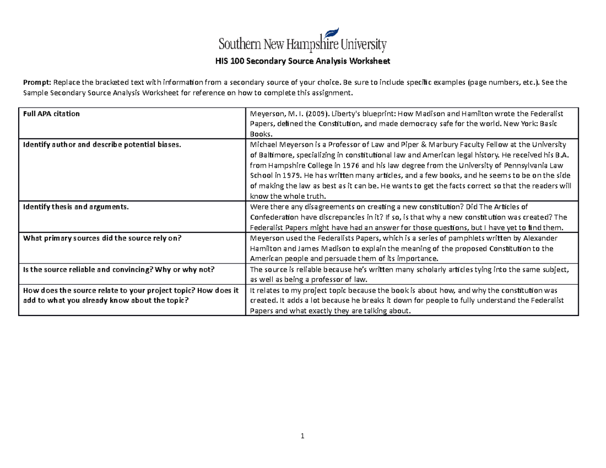 Secondary Source Analysis Worksheet - HIS 100 Secondary Source Analysis Worksheet Prompt ...