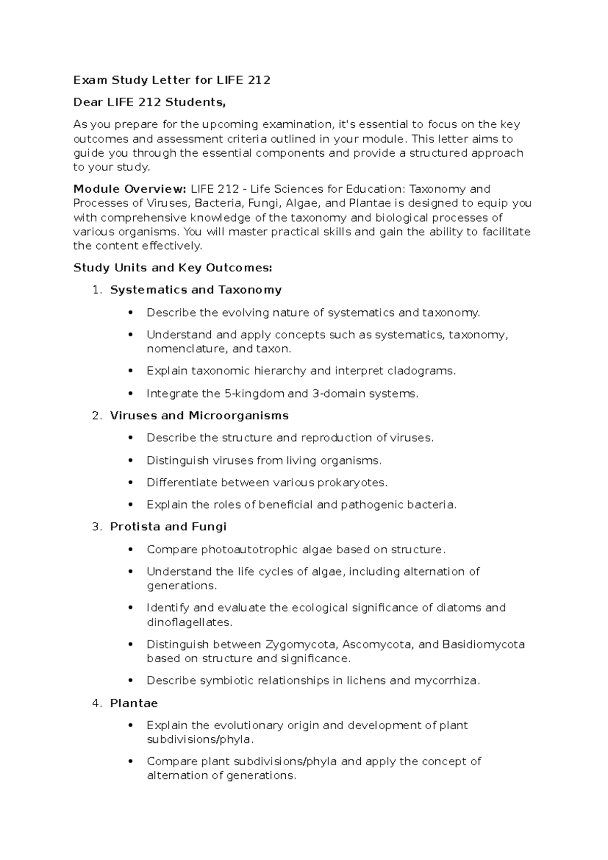 Study Letter for LIFE 212 - 1st Opp Exam 2024 1 - Exam Study Letter for ...