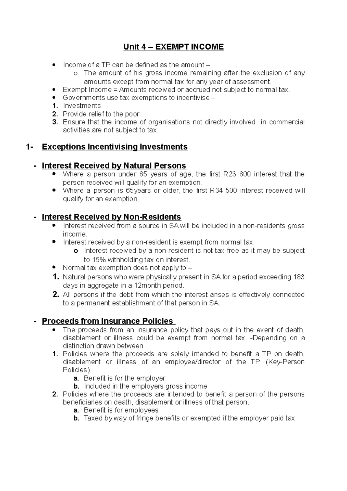 LTAX Unit 4 Notes - Summary Tax Law - Unit 4 – EXEMPT INCOME Income of ...