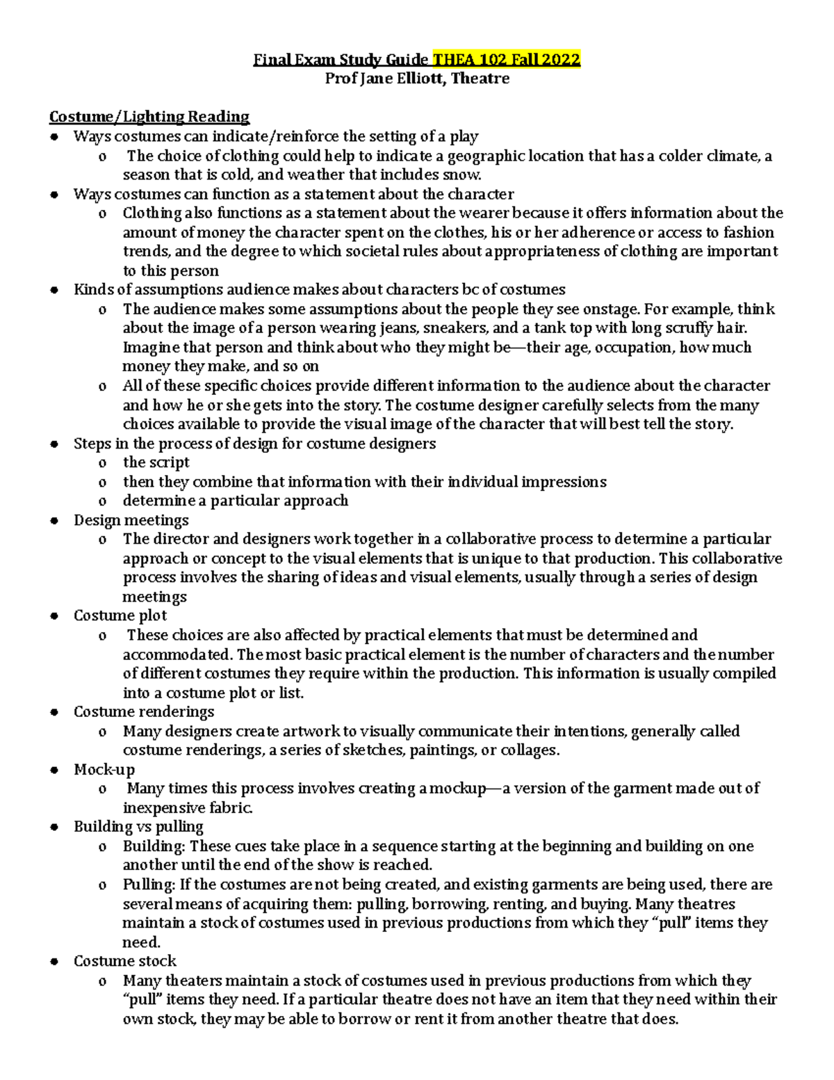 Final Study Guide THEA 102 Fall 2022 - Final Exam Study Guide THEA 102 ...