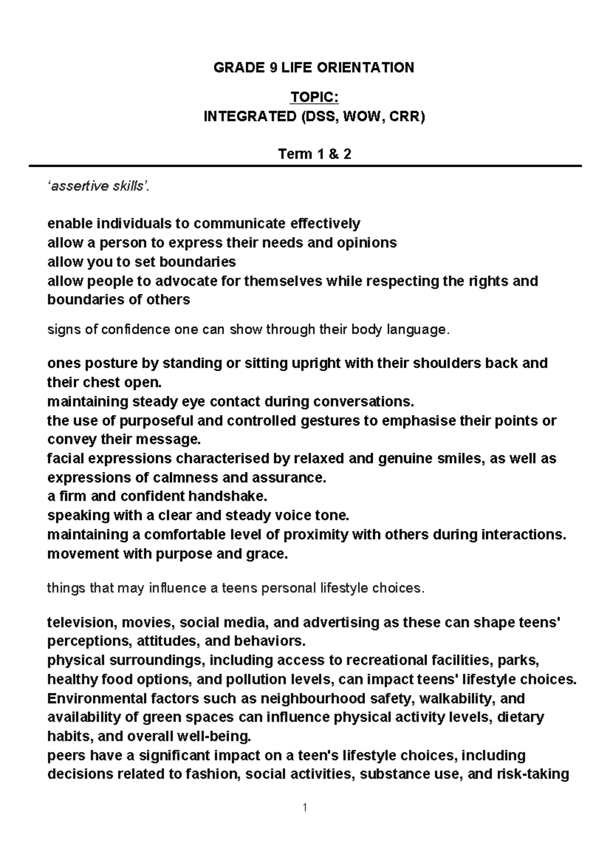 LO notes - GRADE 9 LIFE ORIENTATION TOPIC: INTEGRATED (DSS, WOW, CRR ...