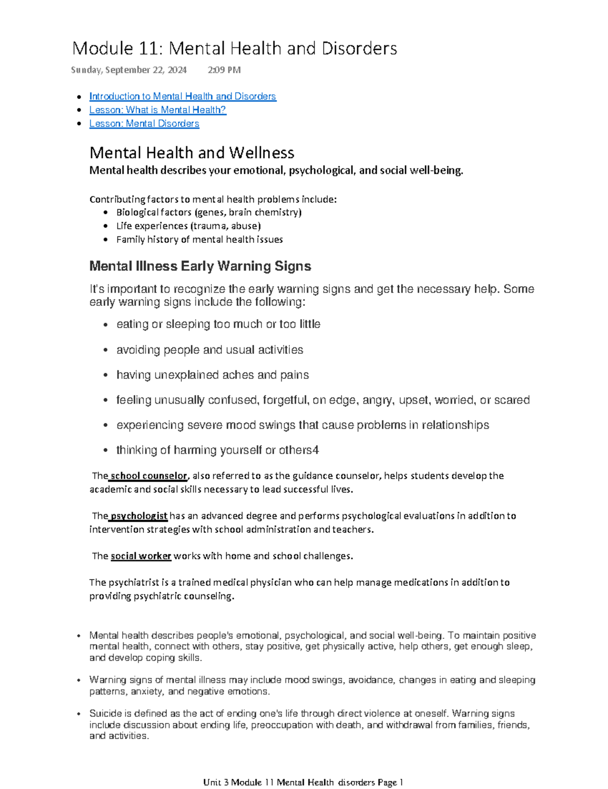 Module 11 Mental Health and Disorders - • Introduction to Mental Health ...