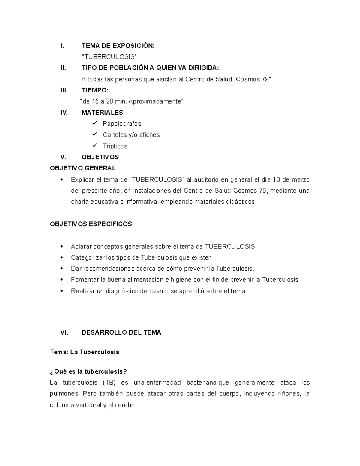 TEMA DE Exposición tuberculosis - I. TEMA DE EXPOSICIÓN: “TUBERCULOSIS ...