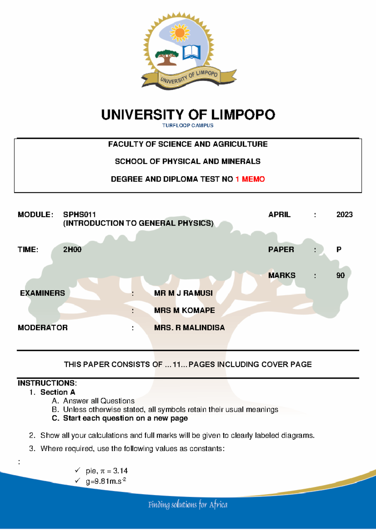 TEST NO1 2023 Memofinal - UNIVERSITY OF LIMPOPO TURFLOOP CAMPUS FACULTY ...