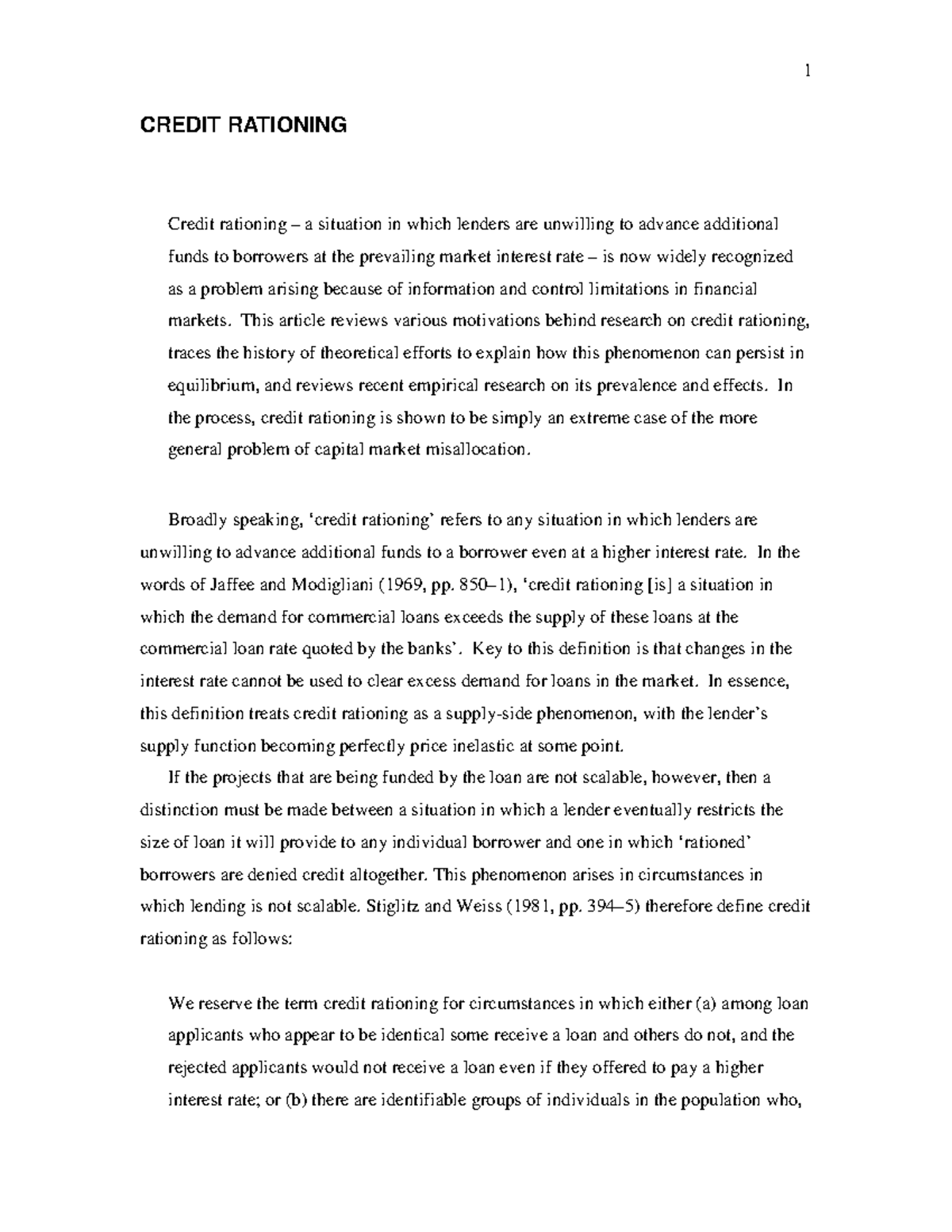 Credit Rationing - This article reviews various motivations behind ...