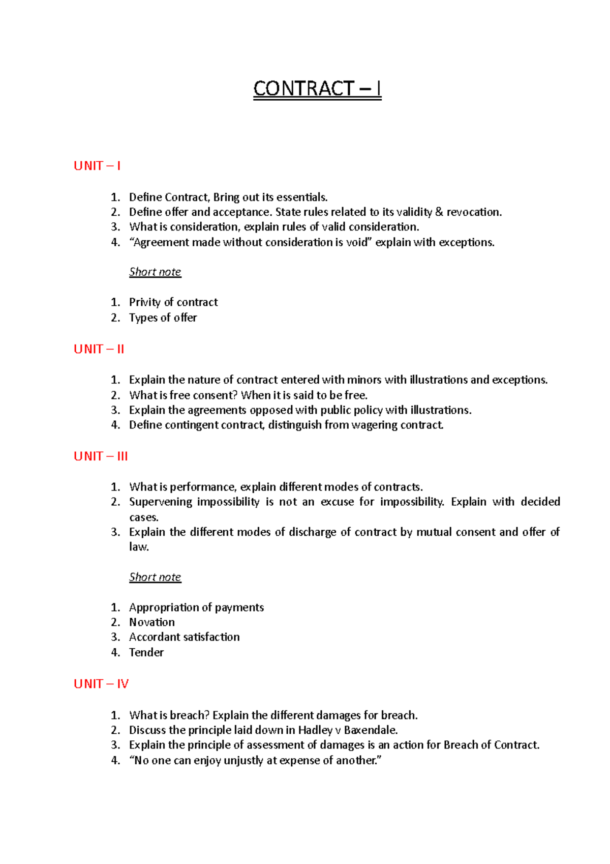 Contract - Useful for exam - CONTRACT – I UNIT – I Define Contract ...