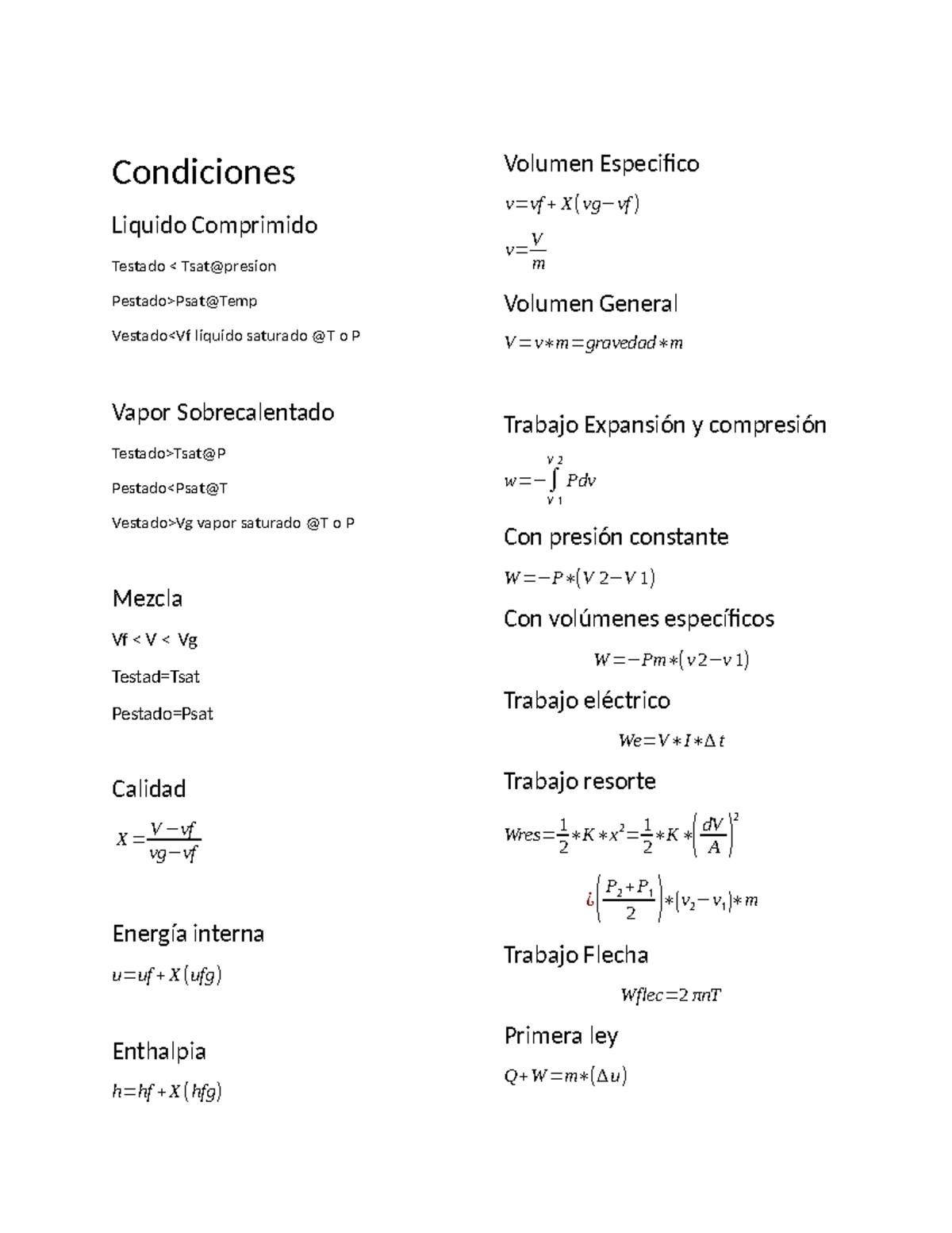 Formulas termo - Condiciones Liquido Comprimido Testado Psat@Temp - Studocu