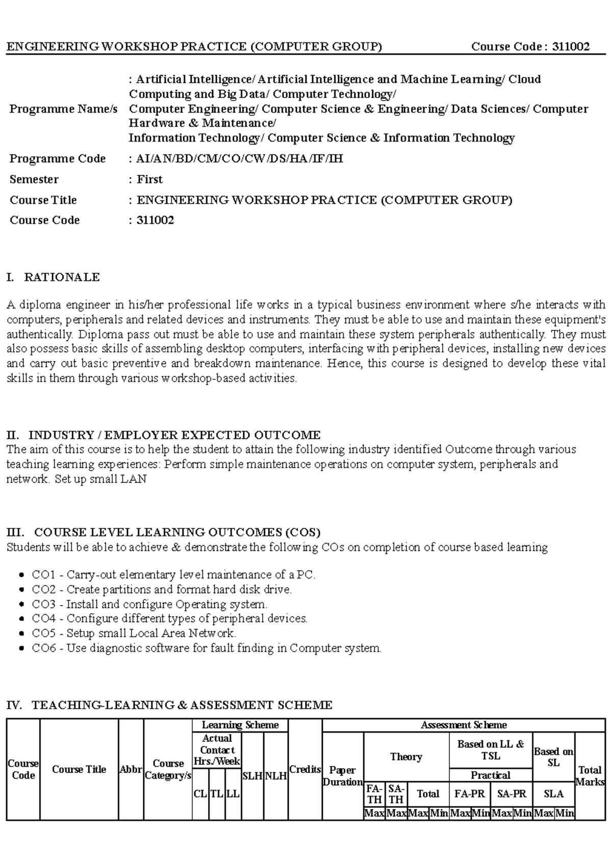 Engineering Workshop - Nogfdd - ENGINEERING WORKSHOP PRACTICE (COMPUTER GROUP) Course Code ...
