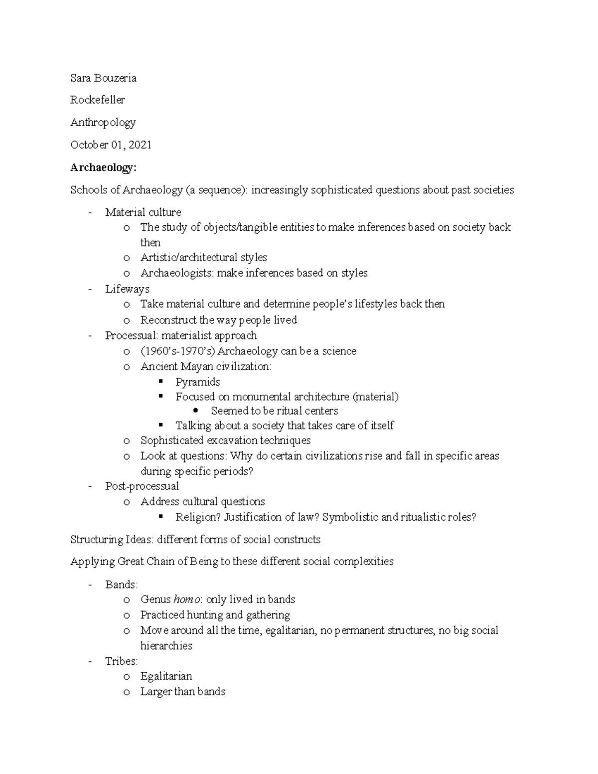 Anth Lecture Notes Oct 01 Sara Bouzeria Rockefeller Anthropology October 01 2021 Archaeology