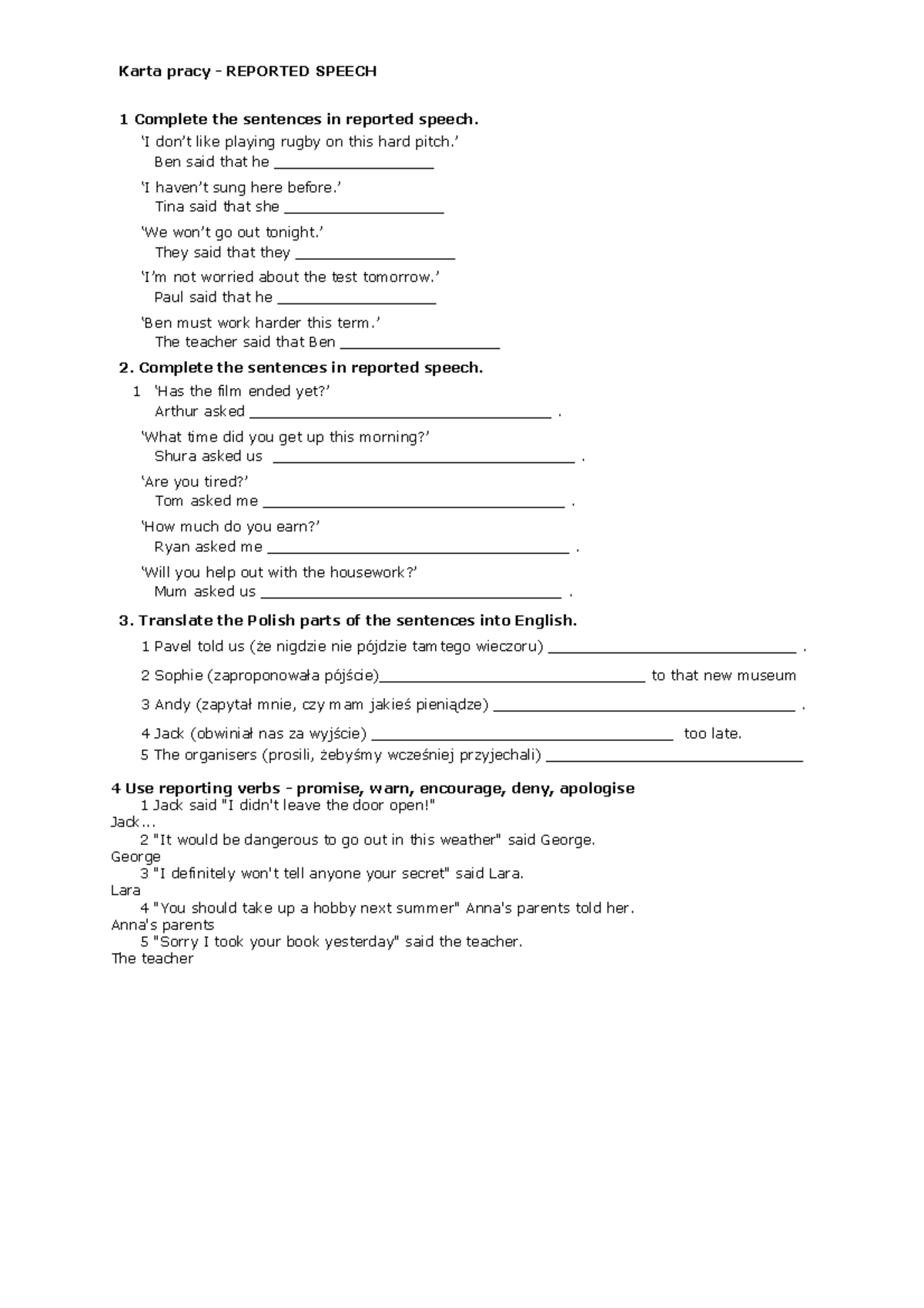 Karta pracy reported speech - Karta pracy - REPORTED SPEECH 1 Complete ...