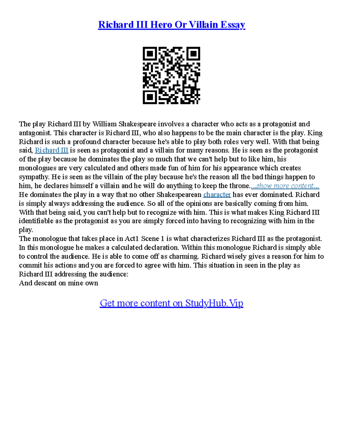 Richard Iii Essay Topics - Richard III Hero Or Villain Essay The play ...