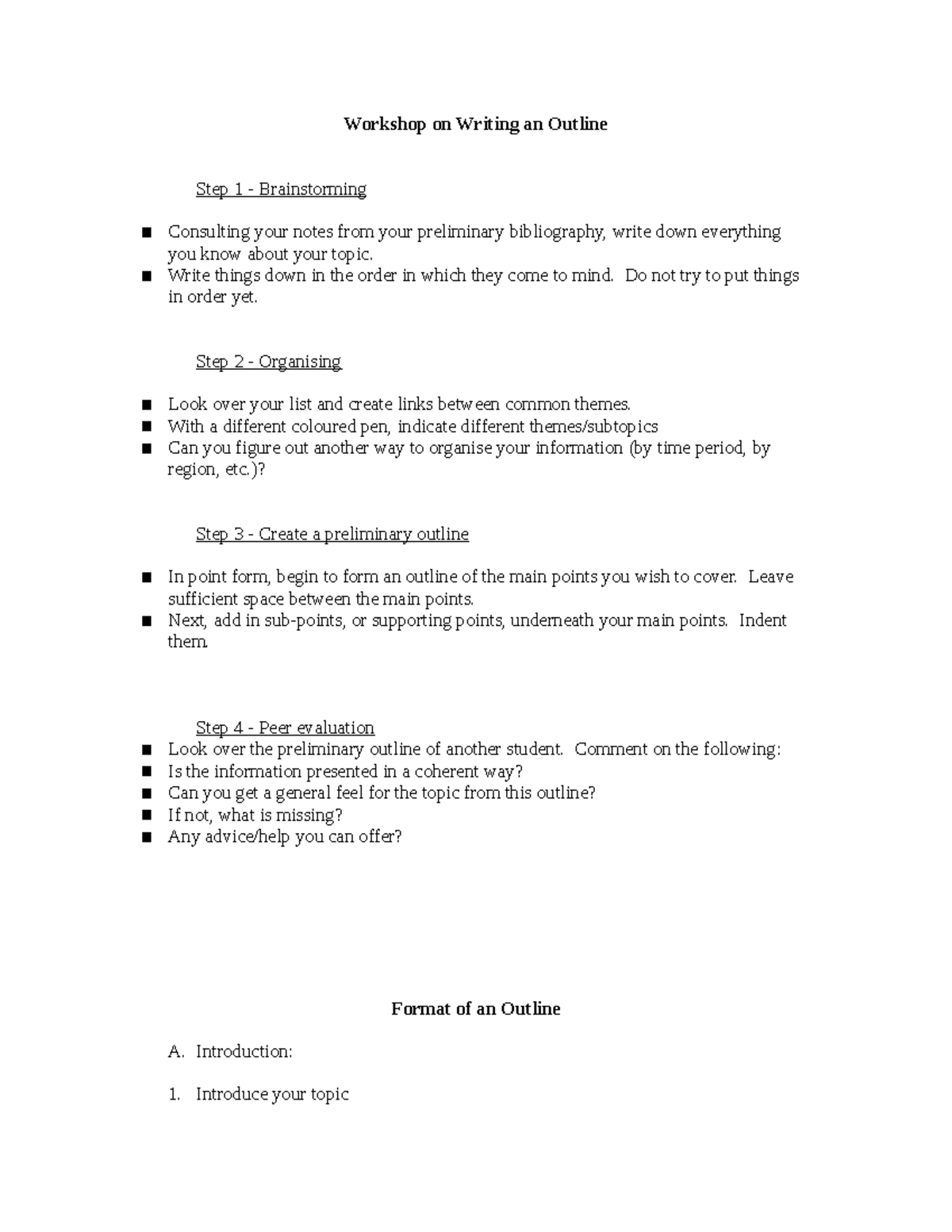 Workshop on Writing an Outline - Write things down in the order in ...