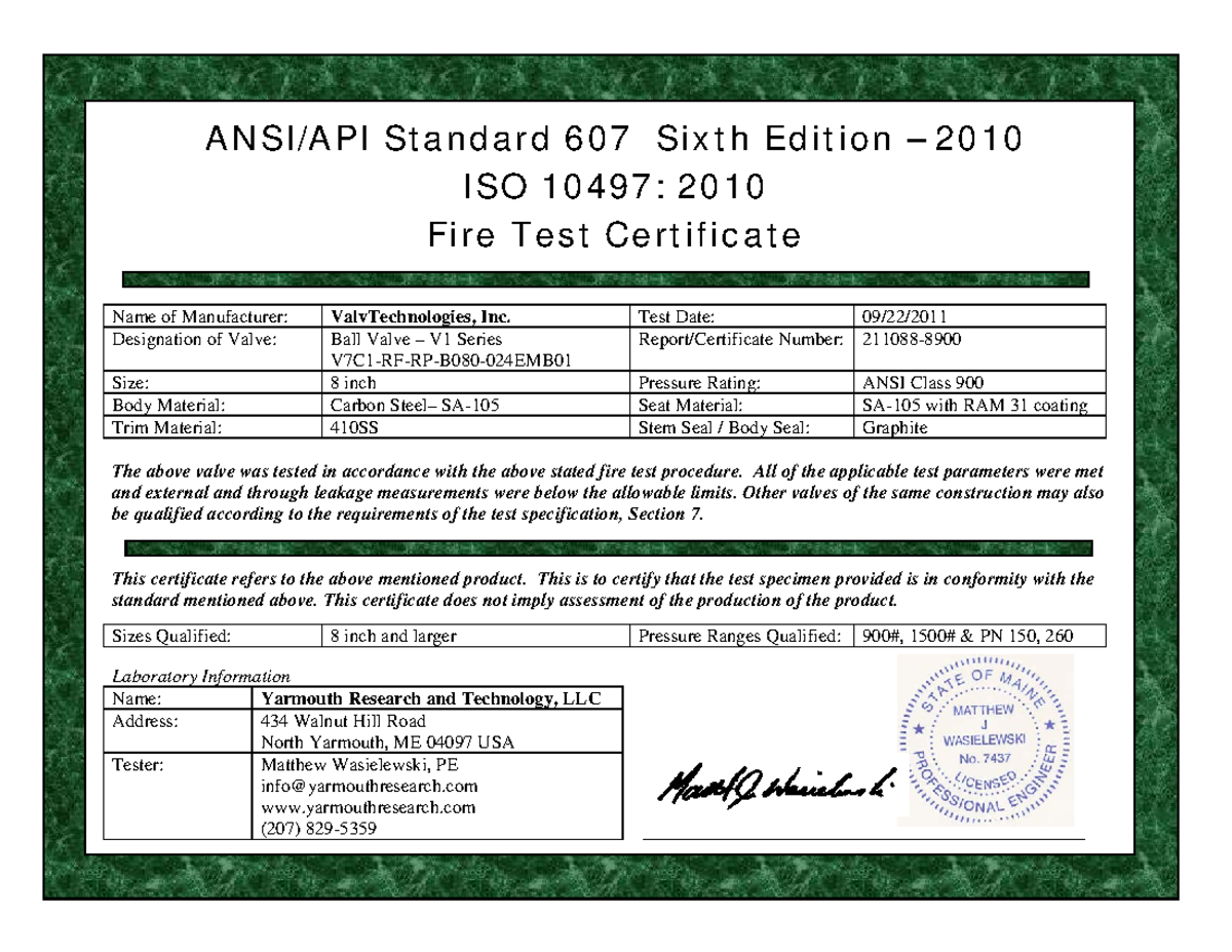 Api 607 2010 Fire Test Quarter-turn Valves abd valves equipped with ...