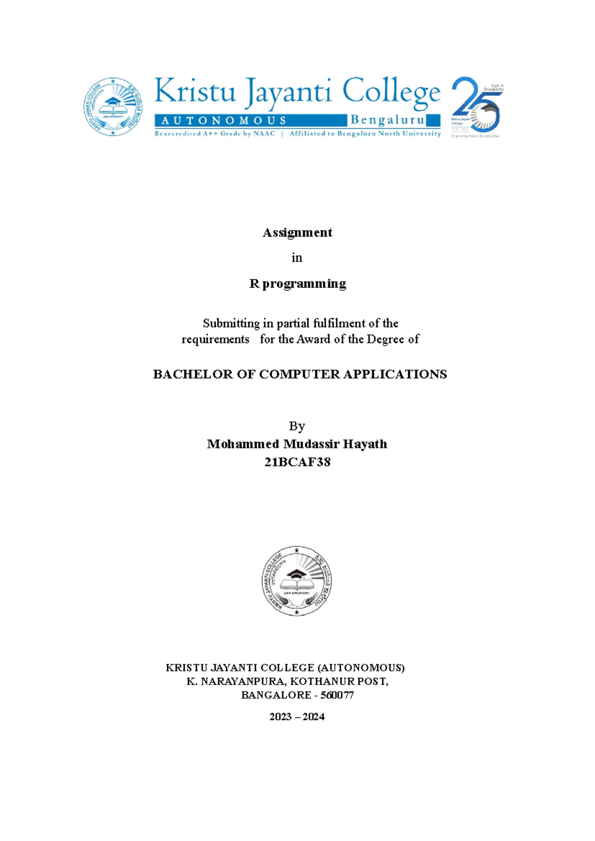 R Assignment - Assignment in R programming Submitting in partial fulfilment of the requirements ...
