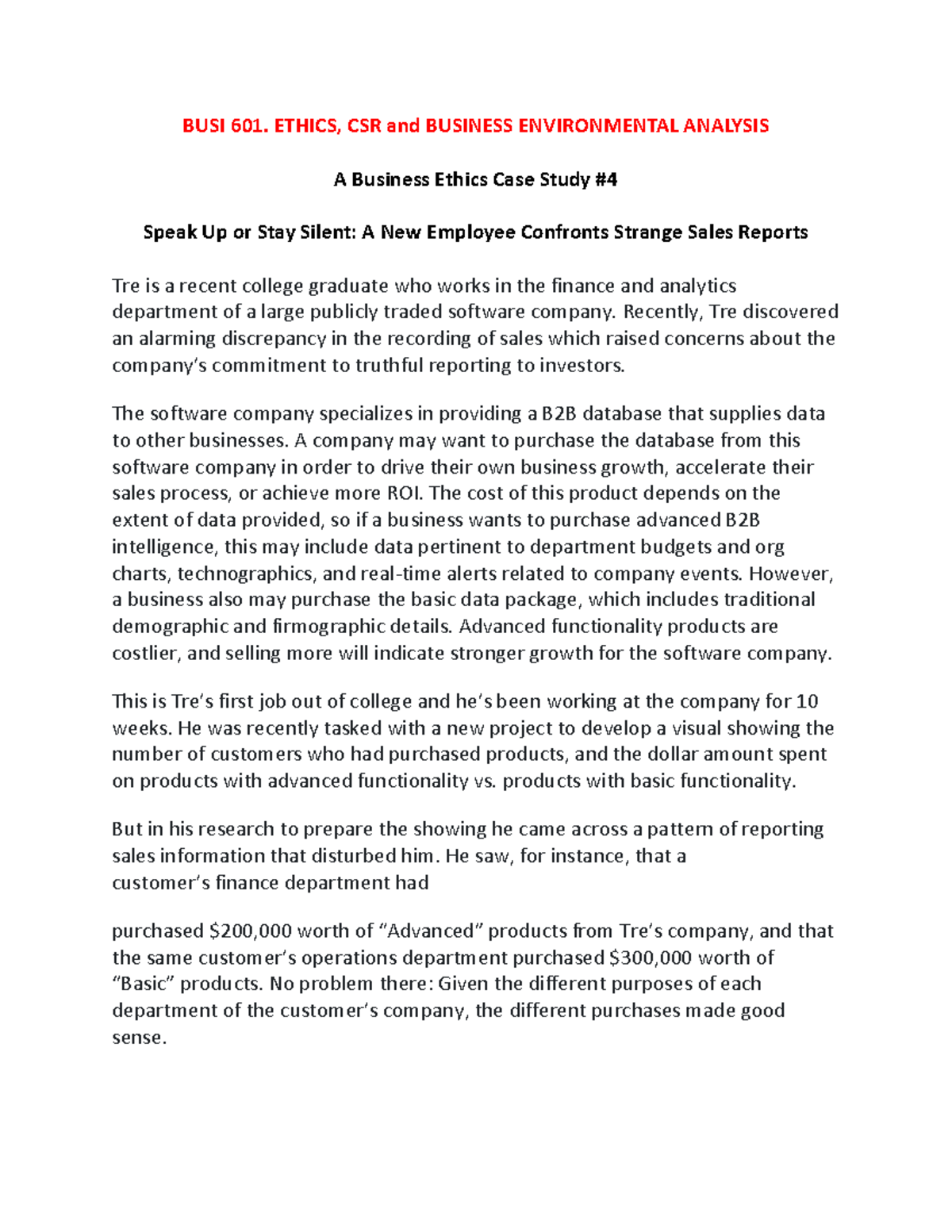 A Business Ethics Case Study 4 - BUSI 601. ETHICS, CSR and BUSINESS ...