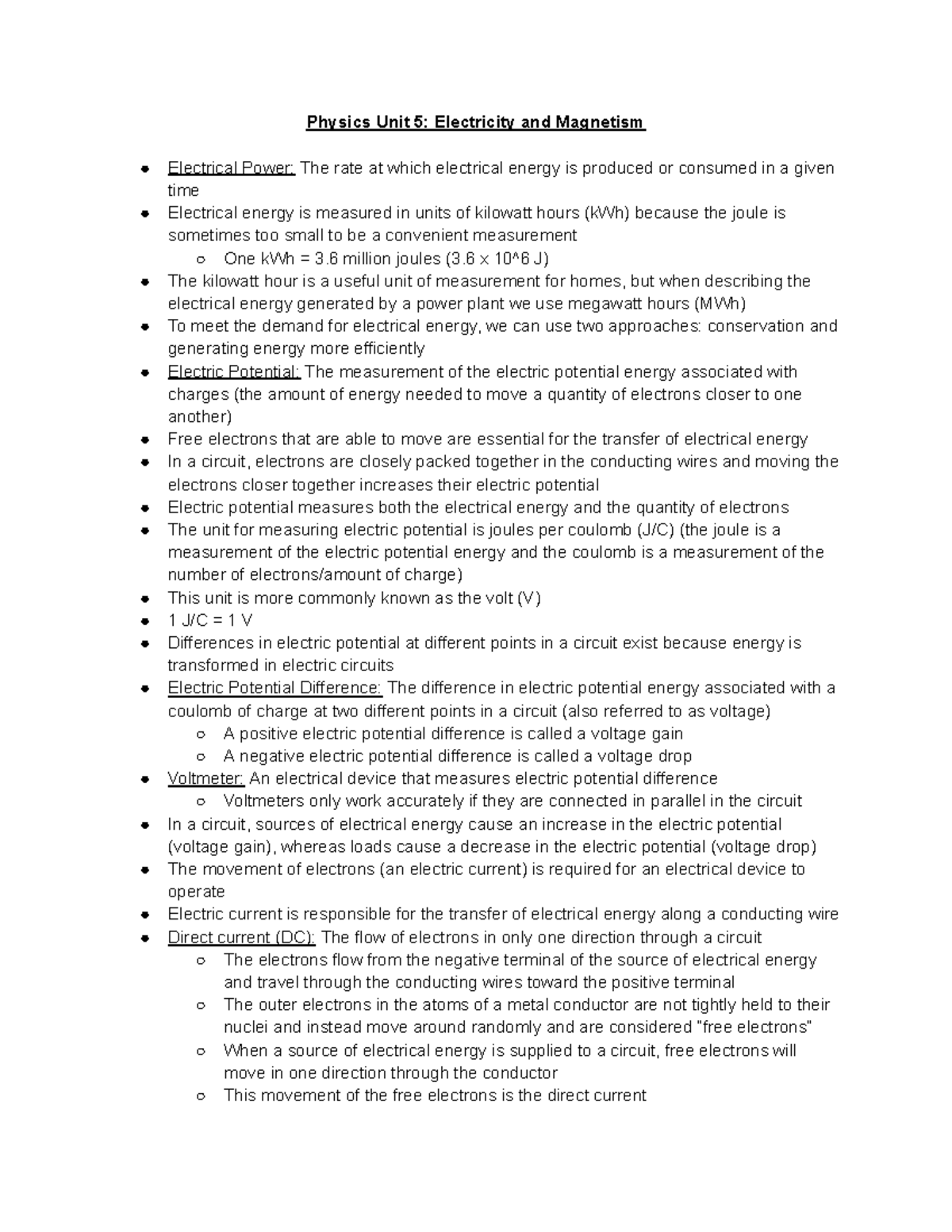 Physics Unit 5- Electricity and Magnetism - current is a straight line ...