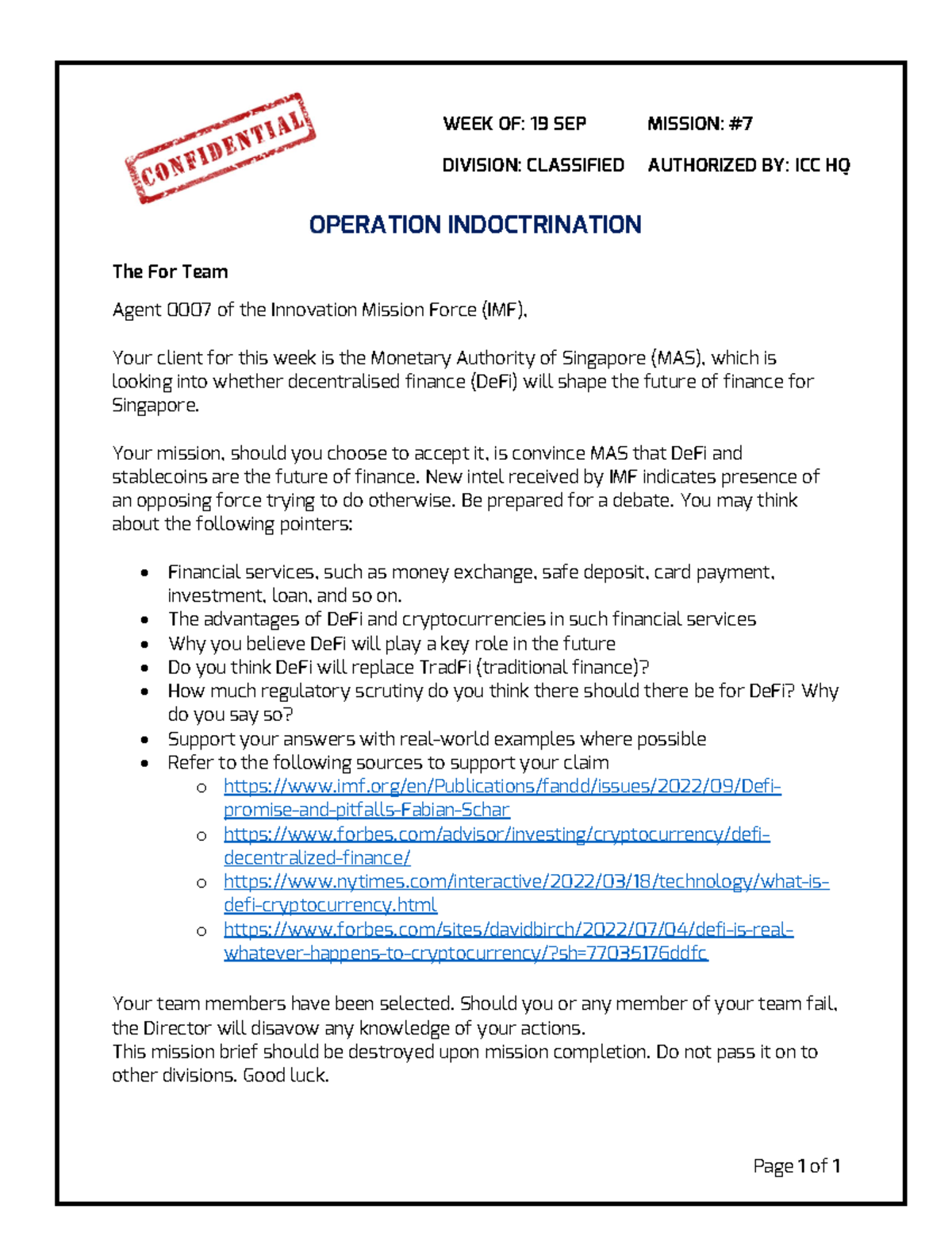 Week 7 Mission FOR - Page 1 of 1 OPERATION INDOCTRINATION The For Team ...