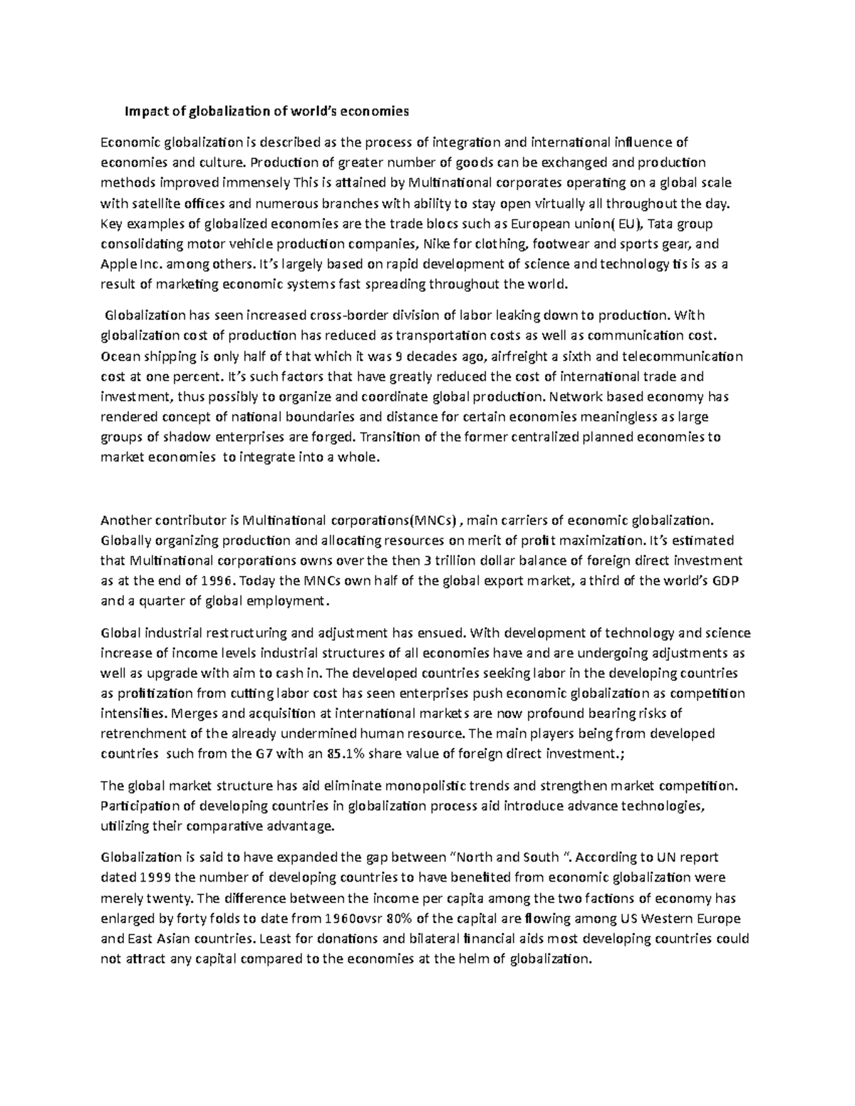 Economic history Cat Q2 - Impact of globalization of world’s economies ...