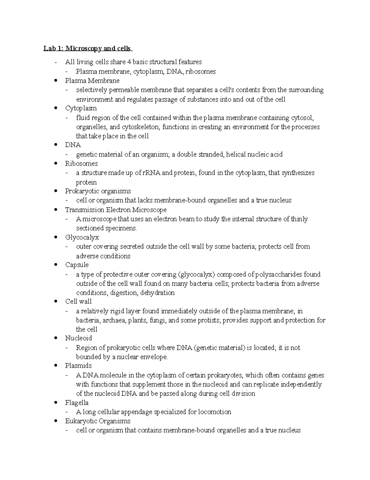 Biology 121 Lab Notes - Lab 1: Microscopy and cells All living cells ...