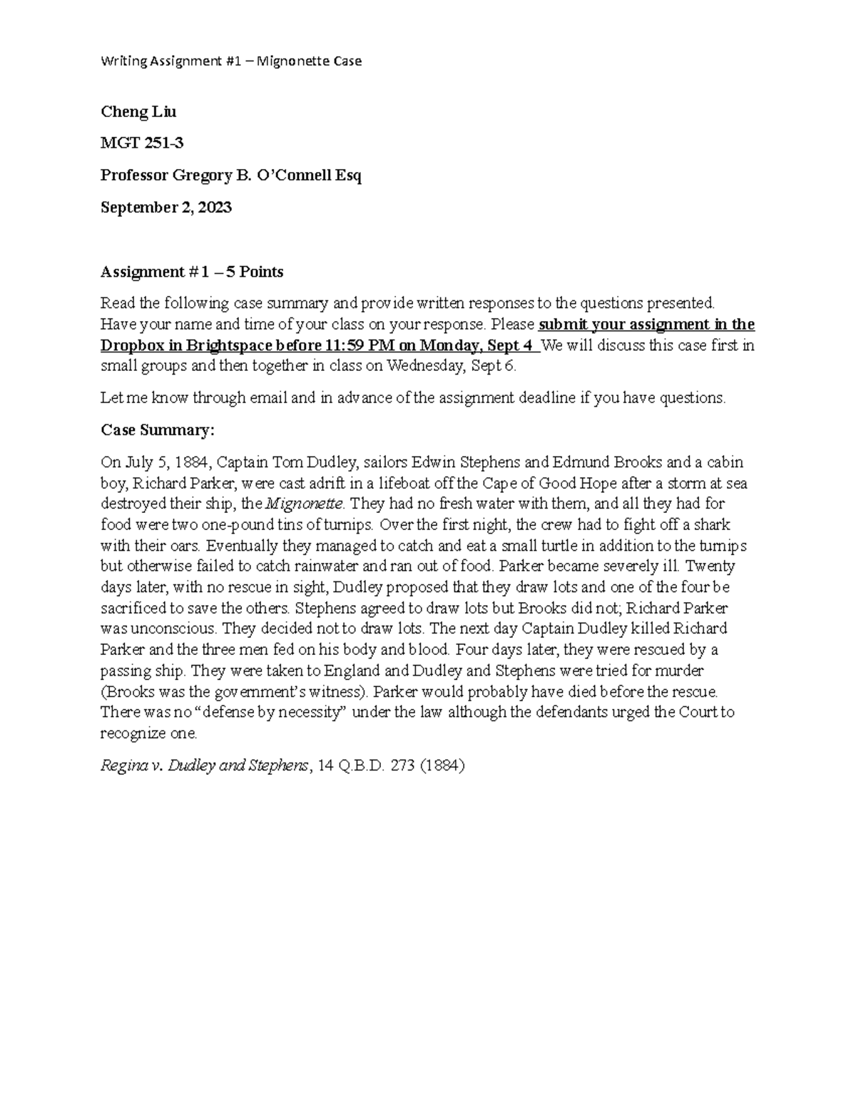 MGT Assignment # 1 Fall '23 - Writing Assignment #1 – Mignonette Case ...