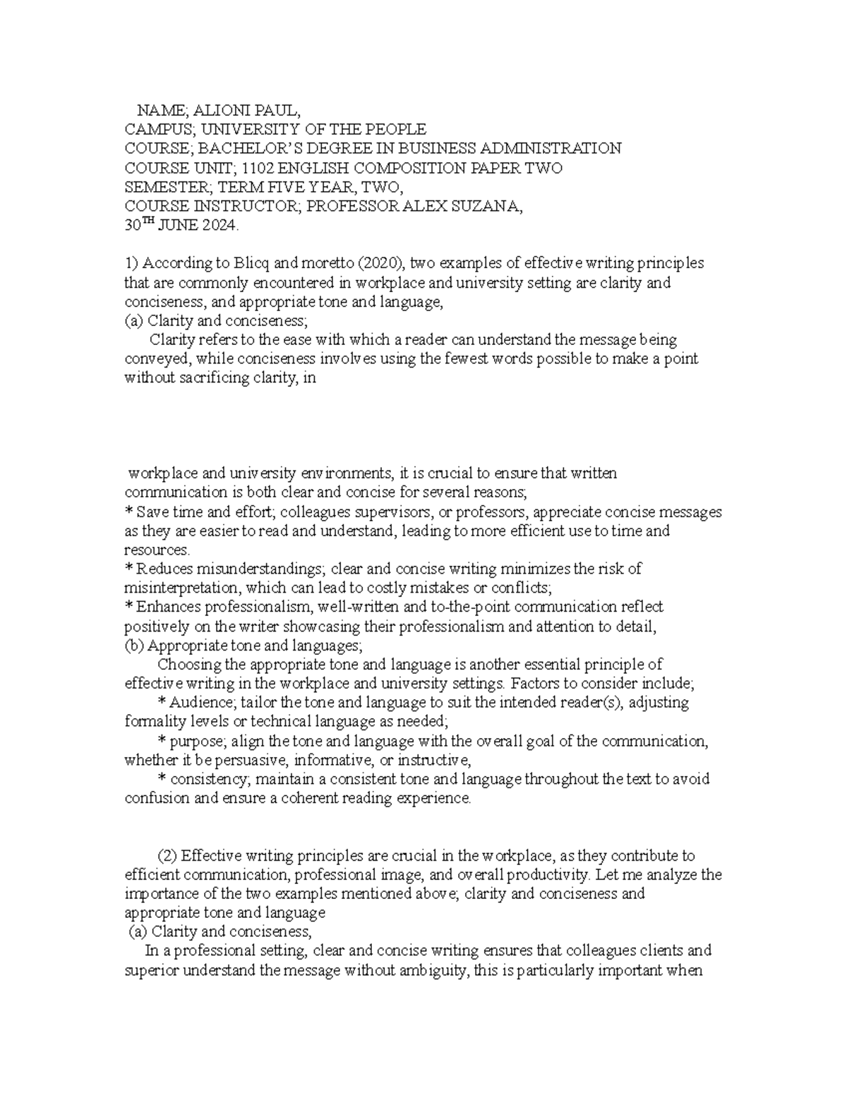 Assignment UNIT TWO - Academic documents - NAME; ALIONI PAUL, CAMPUS ...