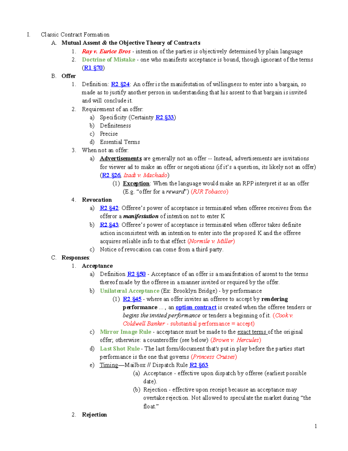 Final Contracts Outline - I. Classic Contract Formation A. Mutual Assent & the Objective Theory ...