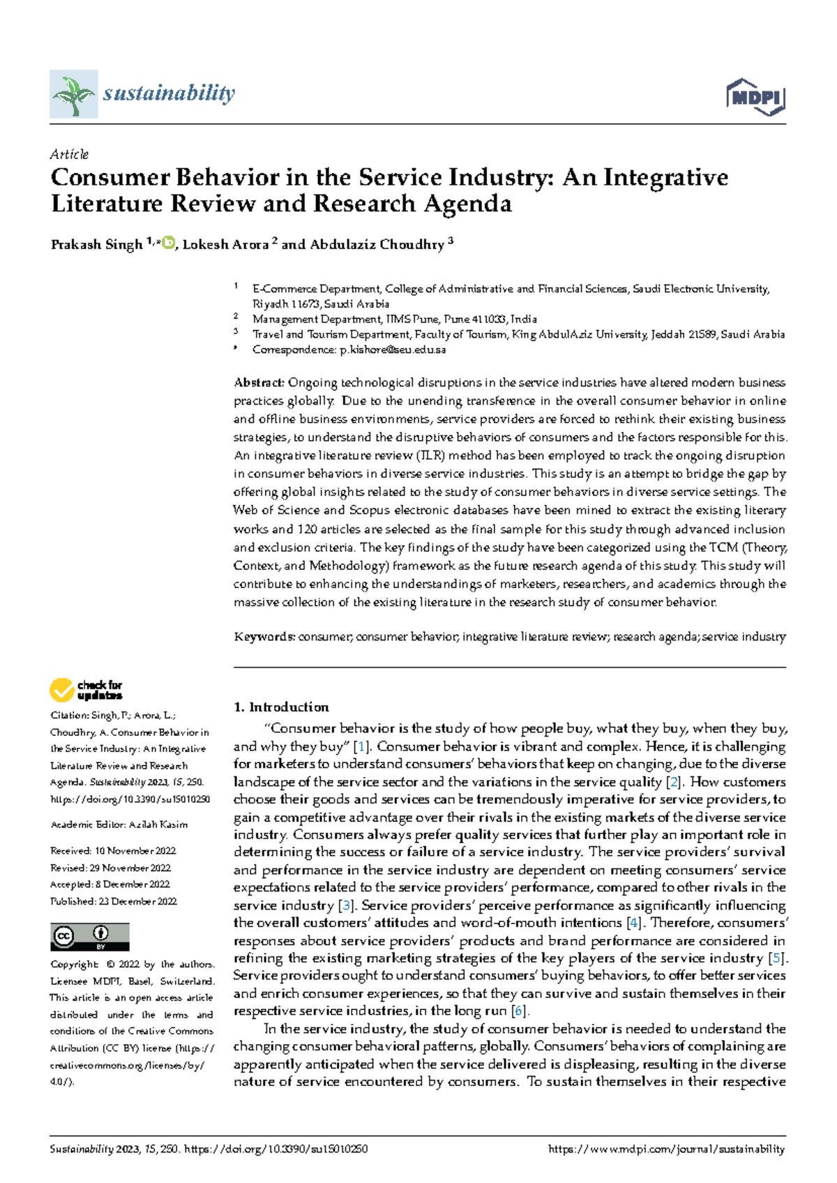 Consumer Behavior in Service sector - Citation: Singh, P.; Arora, L ...