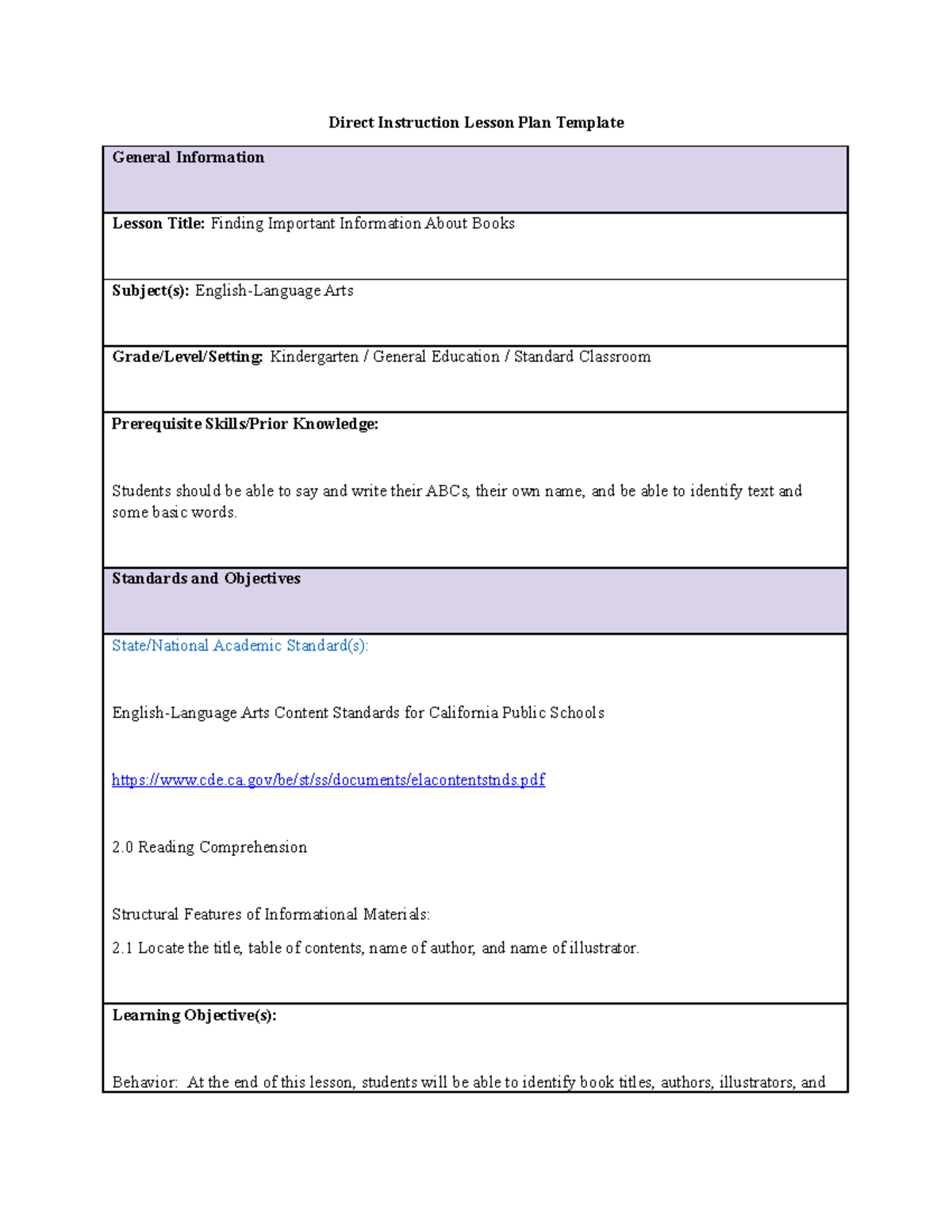Language arts Lesson Plan - Direct Instruction Lesson Plan Template ...