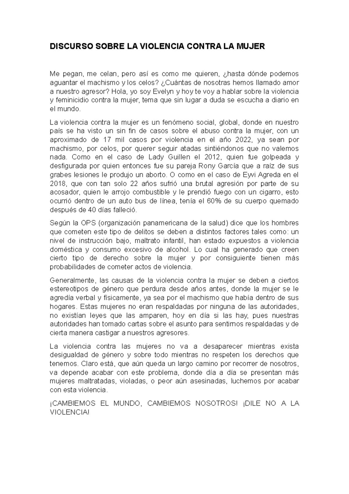 Discurso Sobre La Violencia Contra La Mujer Discurso Sobre La