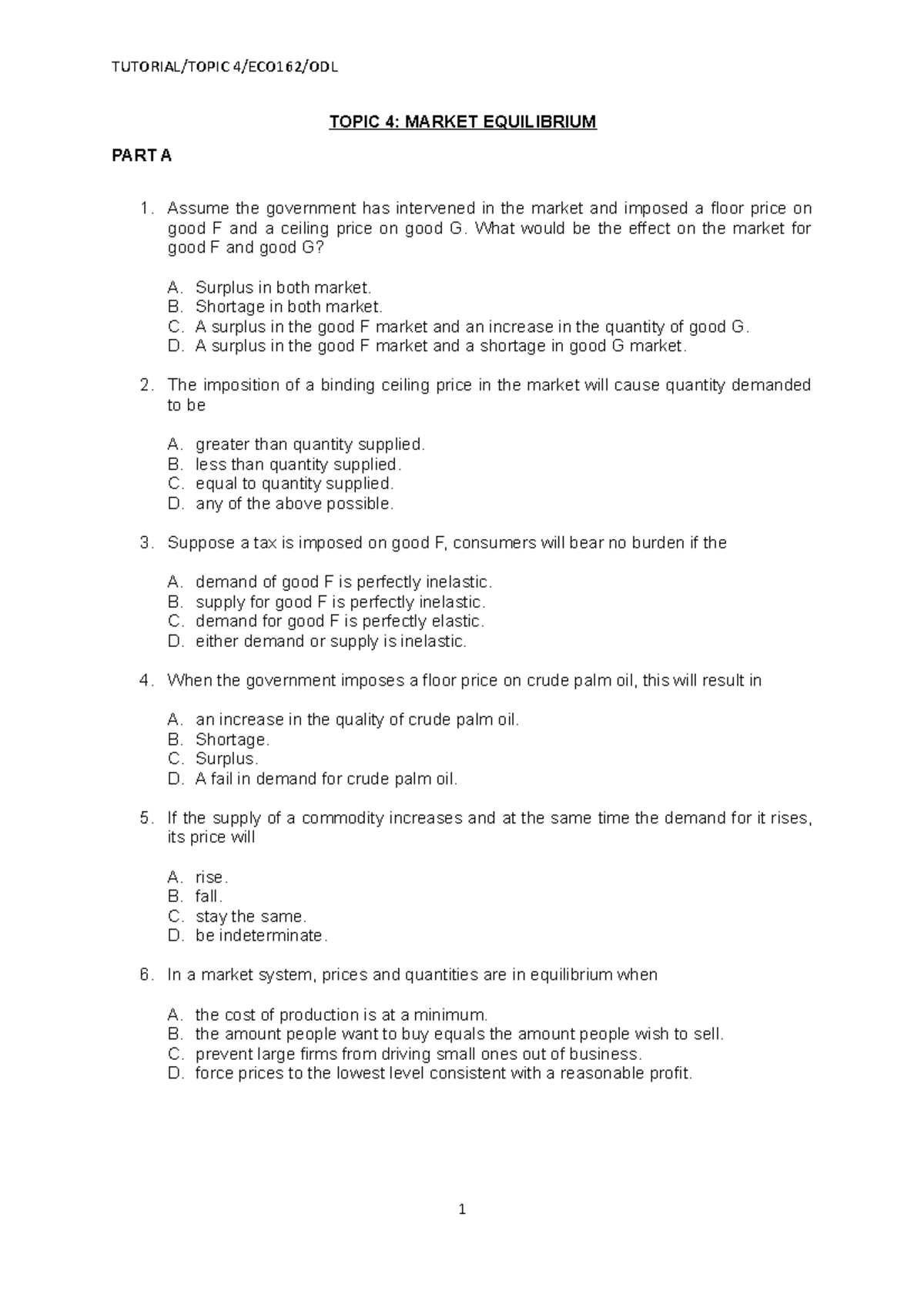 Topic 4 ODL - tutorial chapter 4 - TOPIC 4: MARKET EQUILIBRIUM PART A ...