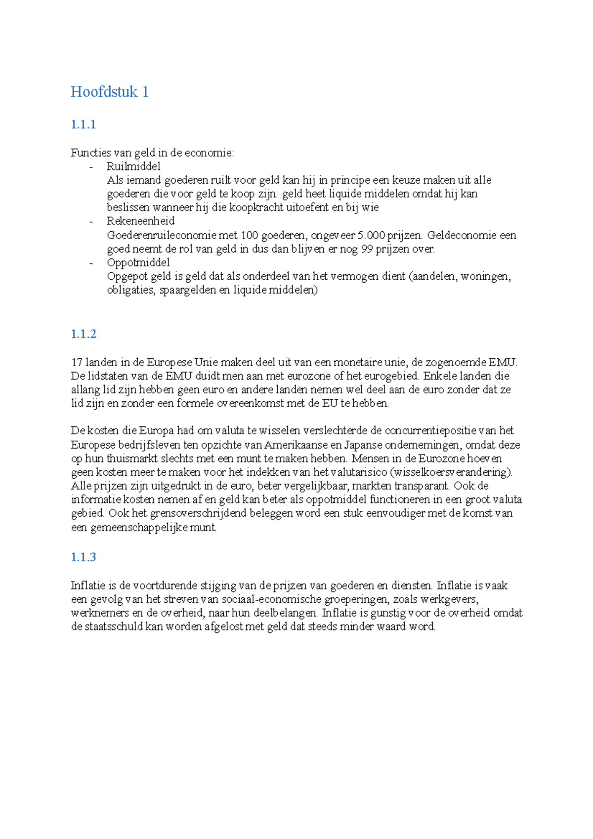 Algemene economie 1.2 samenvatting - Hoofdstuk 1 1. Functies van geld ...