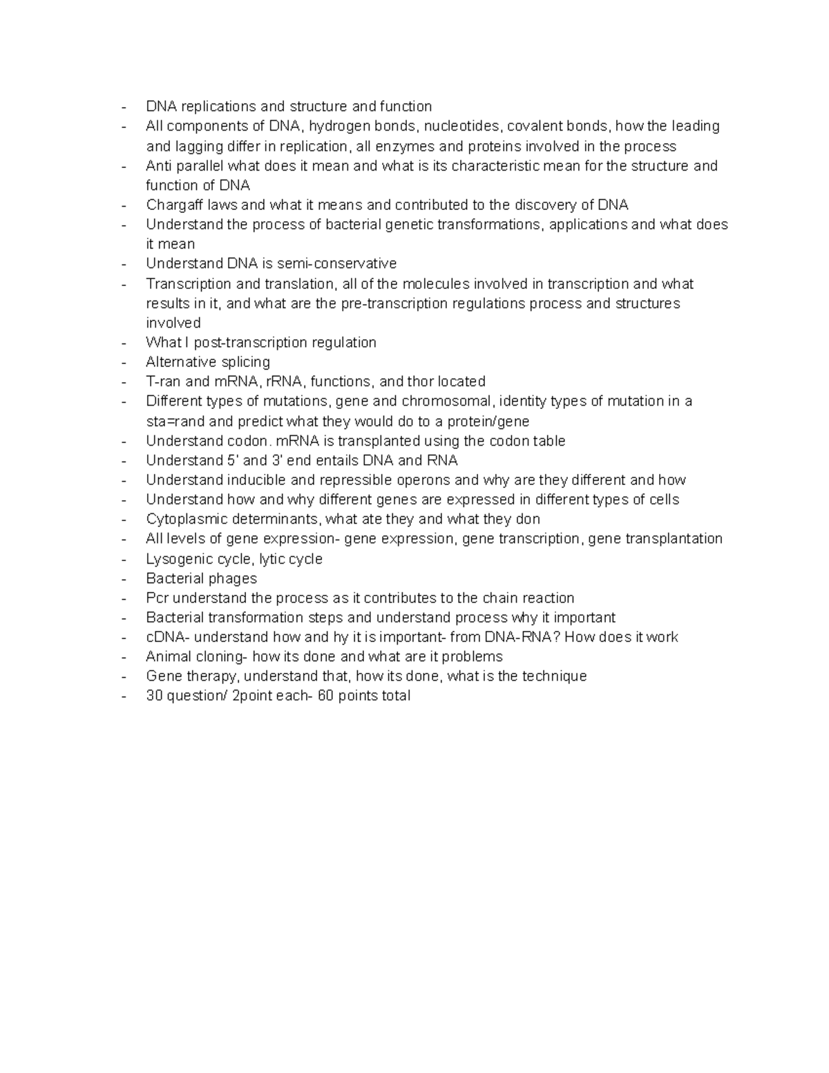 Unit 6 Exam Overview - AP Biology and Biology 110 DNA replication ...