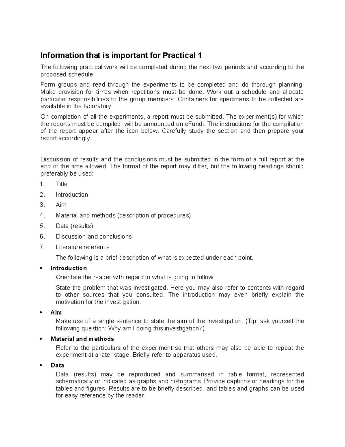 Practical 1 Experiment 1-7 - Information that is important for ...