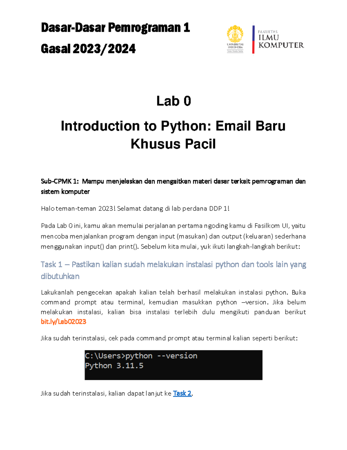 Lab 00 - DDP 1 2023 - Gasal 2 023 /2 024 Lab 0 Introduction to Python: Email Baru Khusus Pacil ...