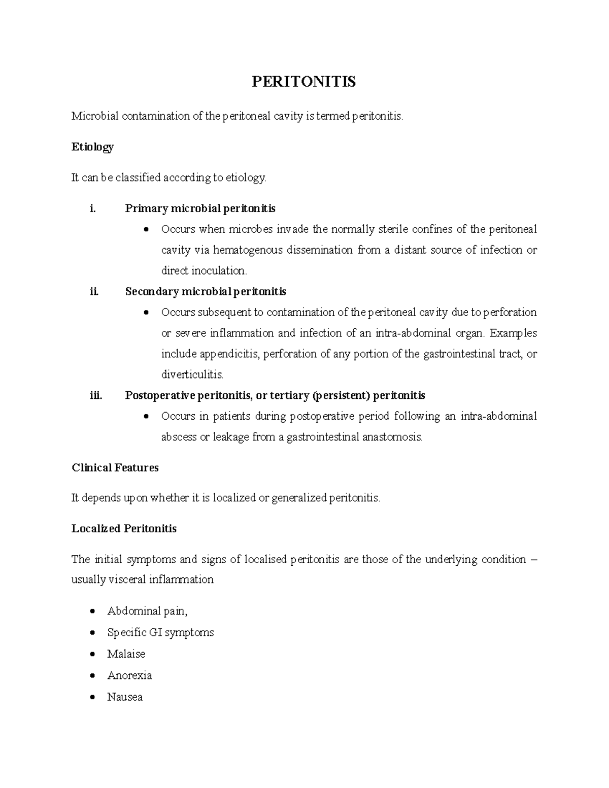 Peritonitis and ascites - PERITONITIS Microbial contamination of the ...