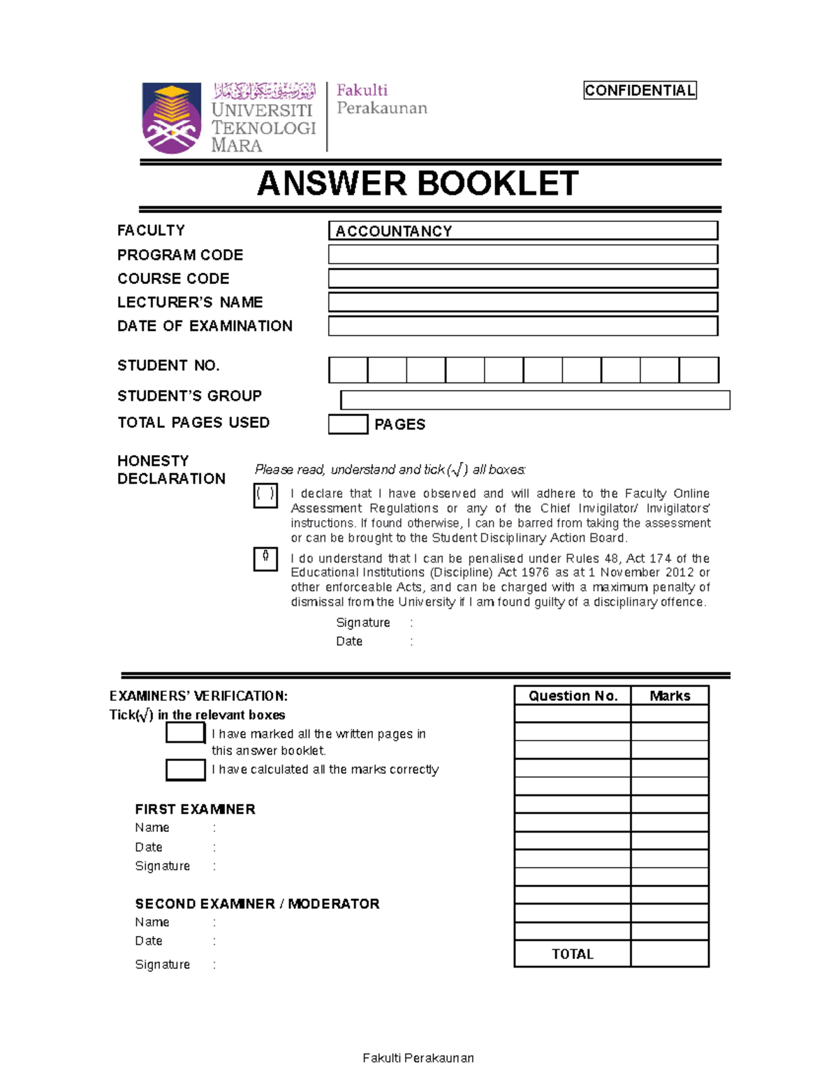 Answer Sheet Cover - Editable - CONFIDENTIAL ( ) () ANSWER BOOKLET ...
