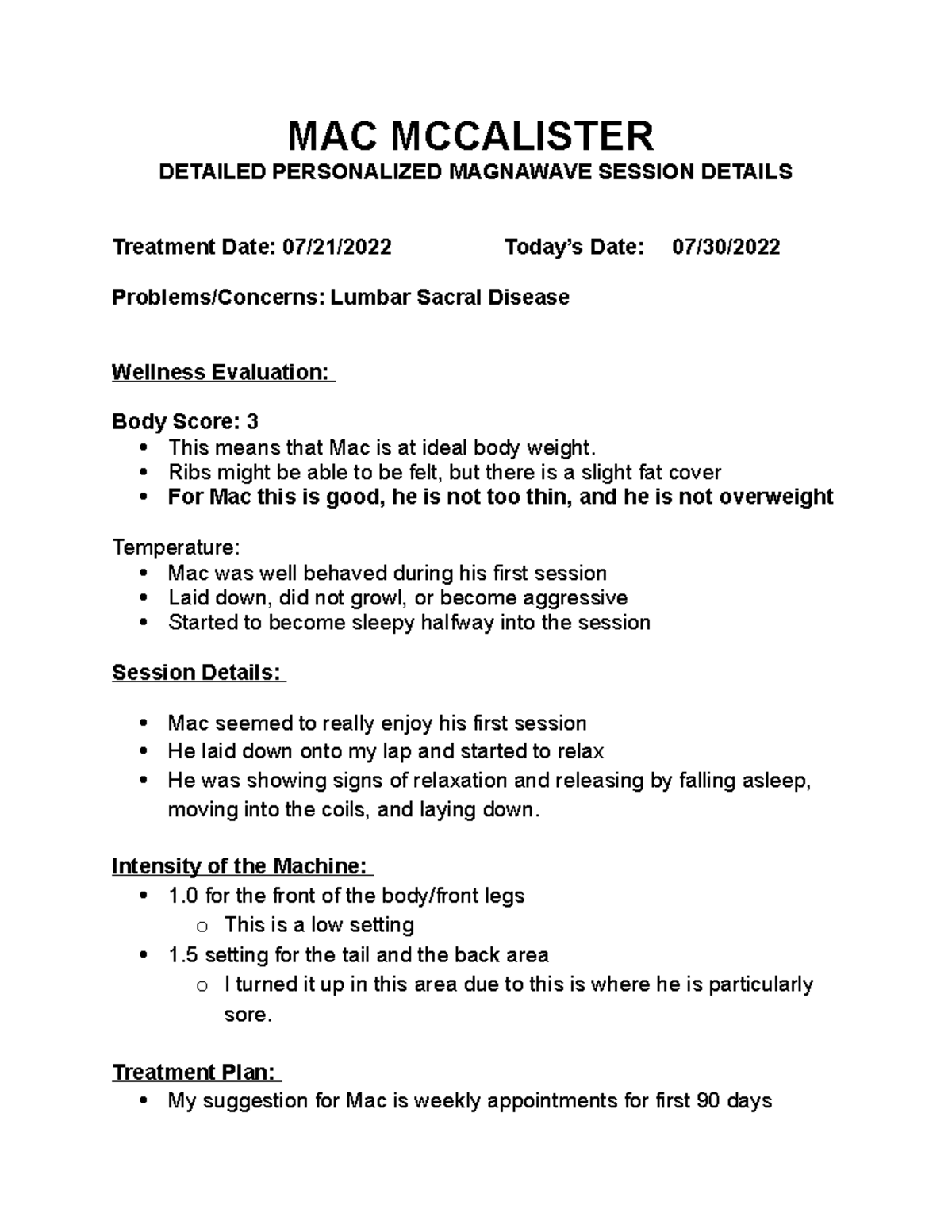 Treatment Plan Example - MAC MCCALISTER DETAILED PERSONALIZED MAGNAWAVE ...