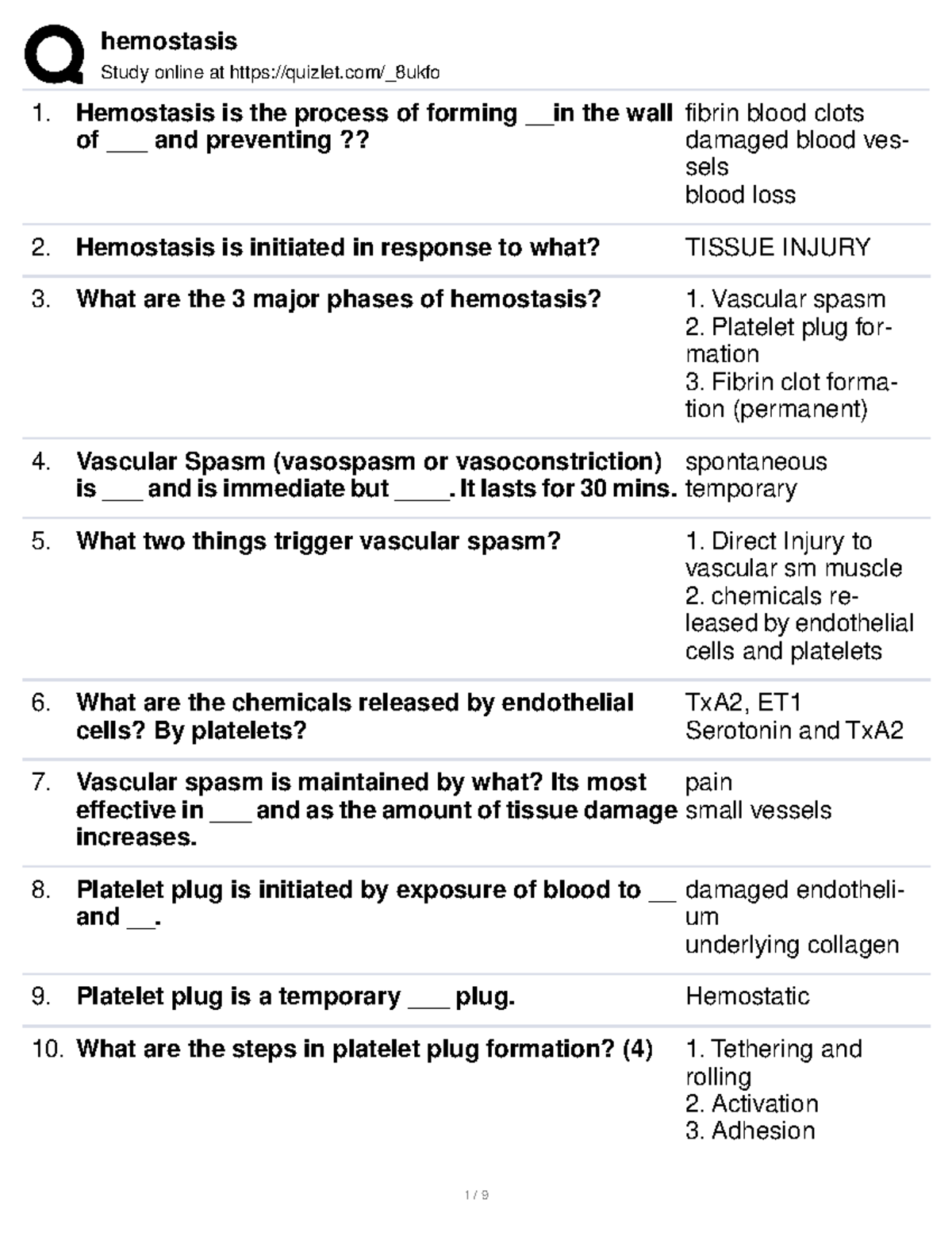 Hema hemostasis 1- quizlet - Study online at quizlet/_8ukfo Hemostasis ...