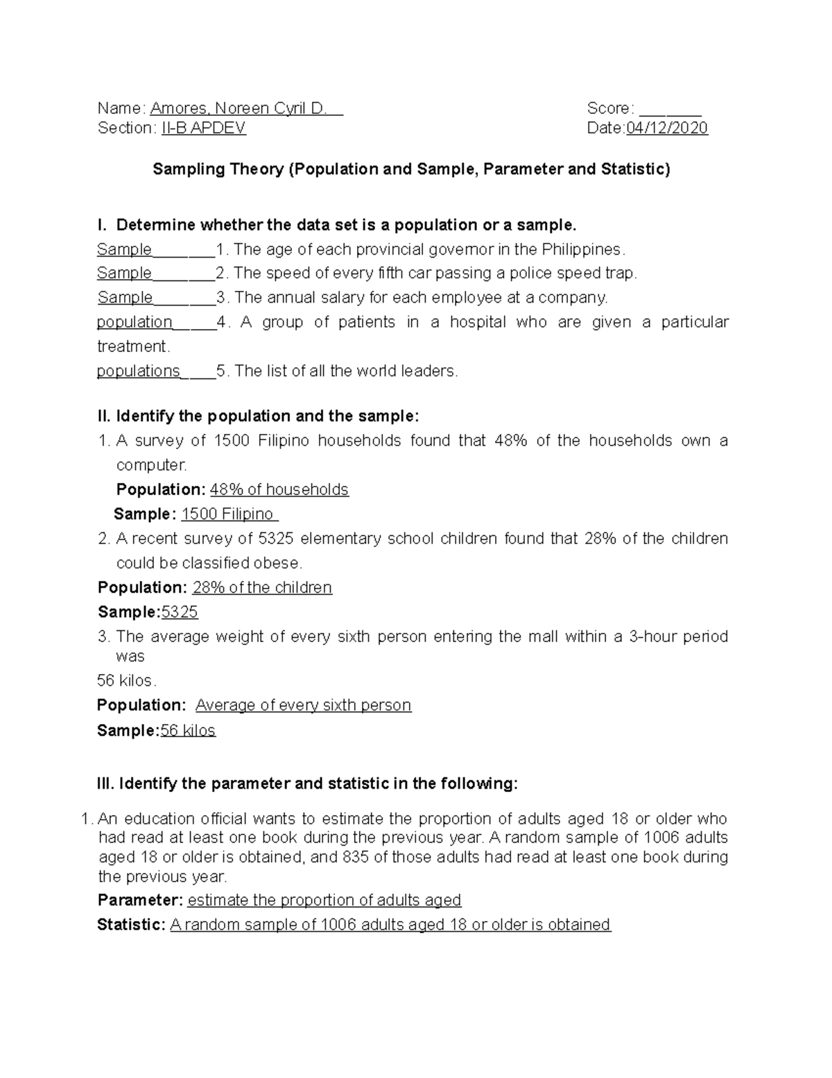 probability and statistics topic 6 assignment - Name: Amores, Noreen ...