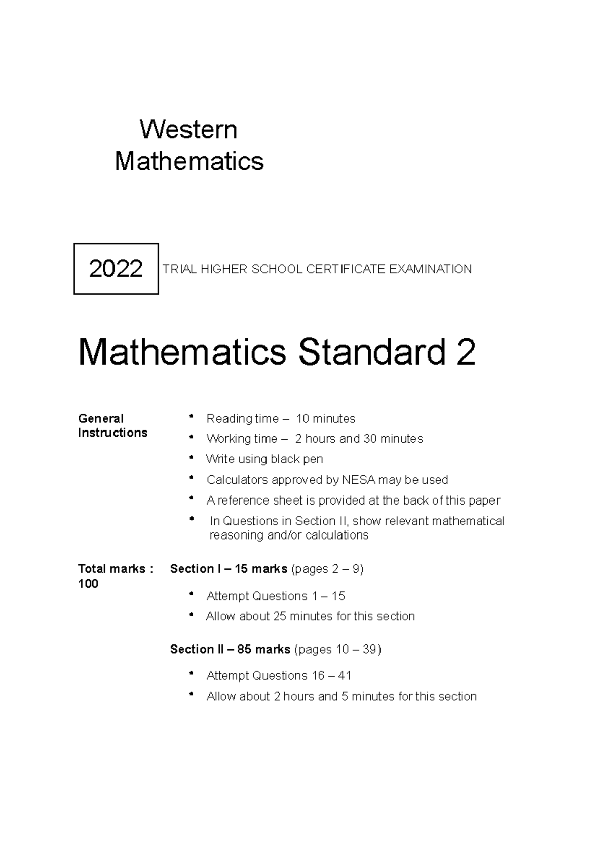 WME HSC 2022 Mathematics Standard 2 Exam-1 - Western Mathematics 2022 ...