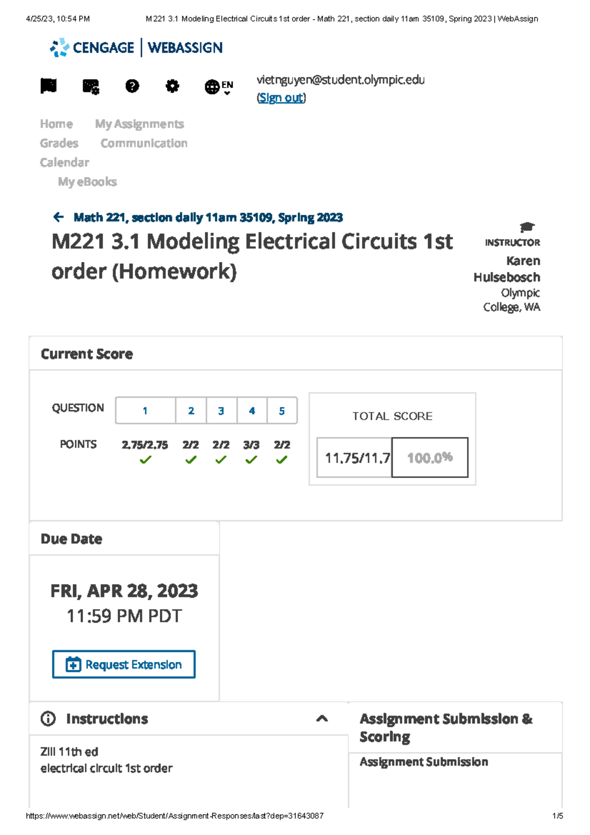 M221 3.1 Modeling Electrical Circuits 1st order - Math 221, section daily 11am 35109, Spring ...