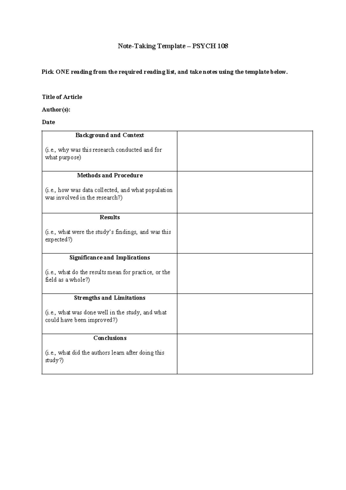 Journal Article Note Taking Template - Psych 108 - Note-Taking Template ...