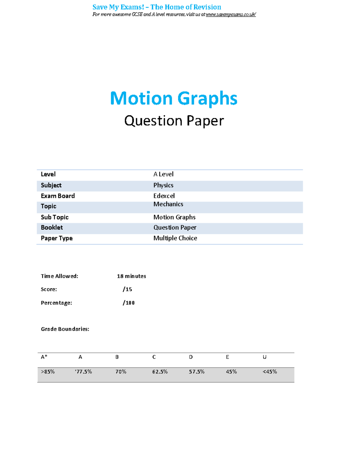 102 - motion graphs - multiple choice qp - Motion Graphs Question Paper ...