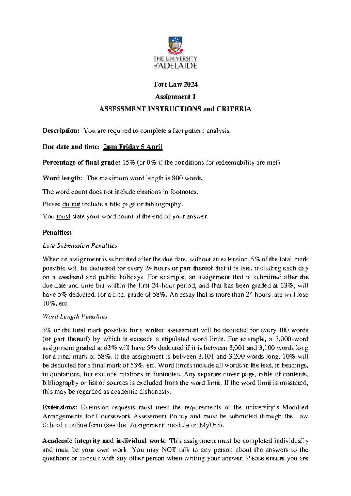 Assignment 1 - 2024 - Tort Law 202 4 Assignment 1 ASSESSMENT ...