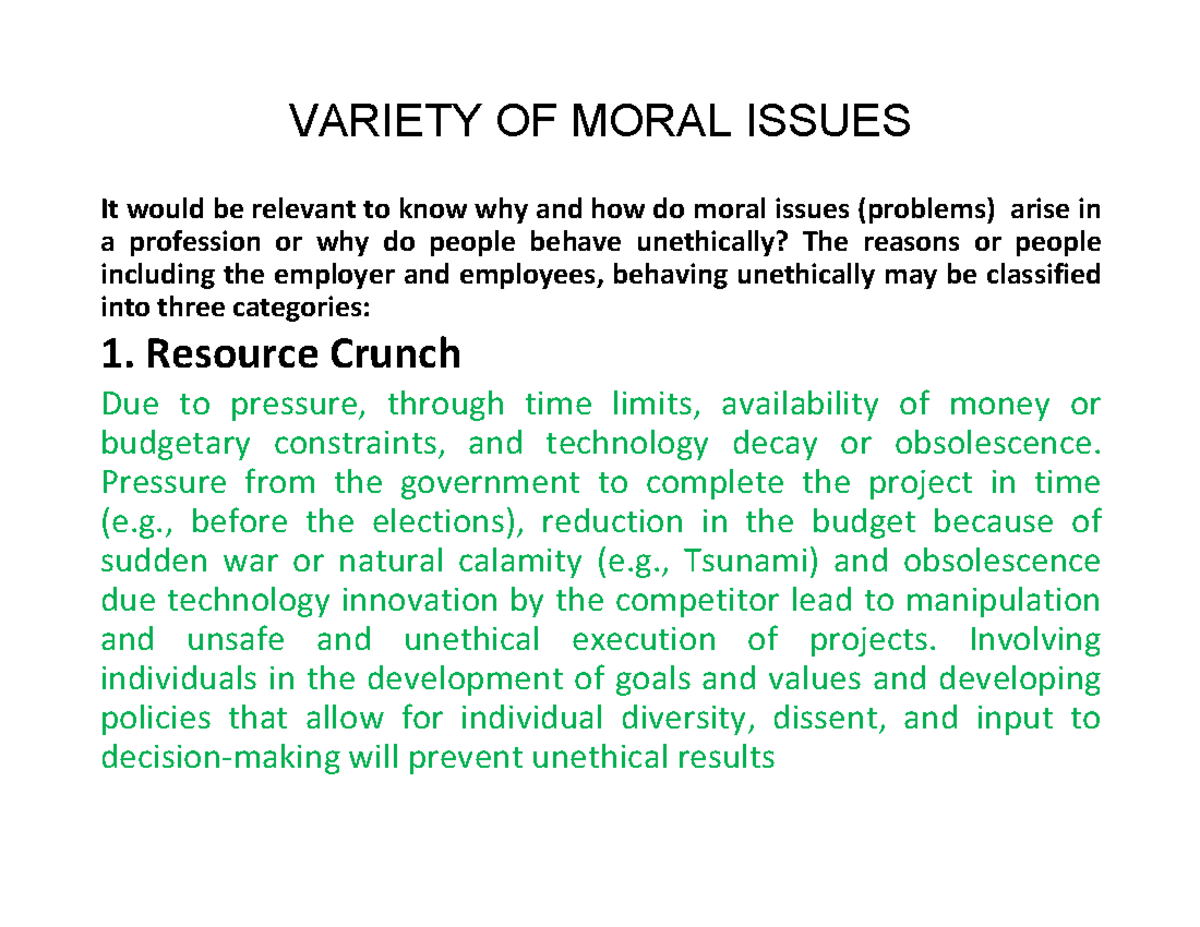 Moral Issues - pple - VARIETY OF MORAL ISSUES It would be relevant to ...