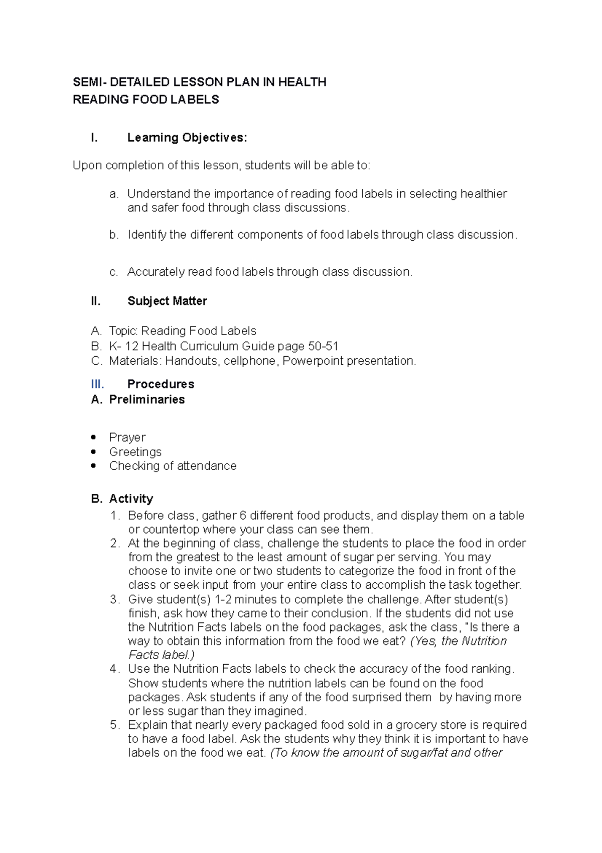 G 4 Reading Food Labels Lesson Plan SEMI DETAILED LESSON PLAN IN 